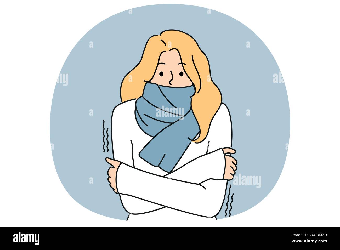 Freezing woman with scarf around neck is shivering from cold and needs ...