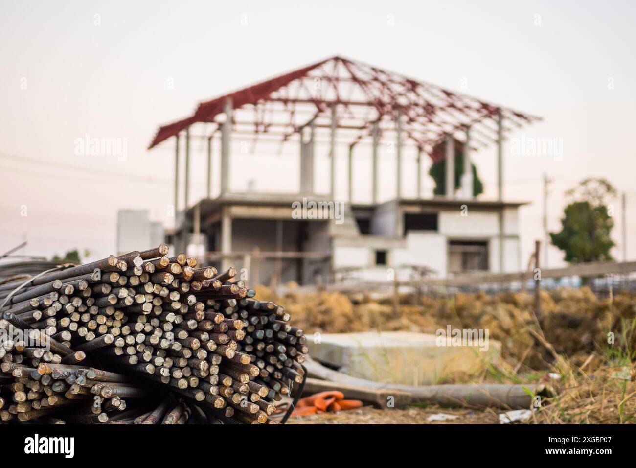 steel rebar for reinforcement concrete at construction site with house ...