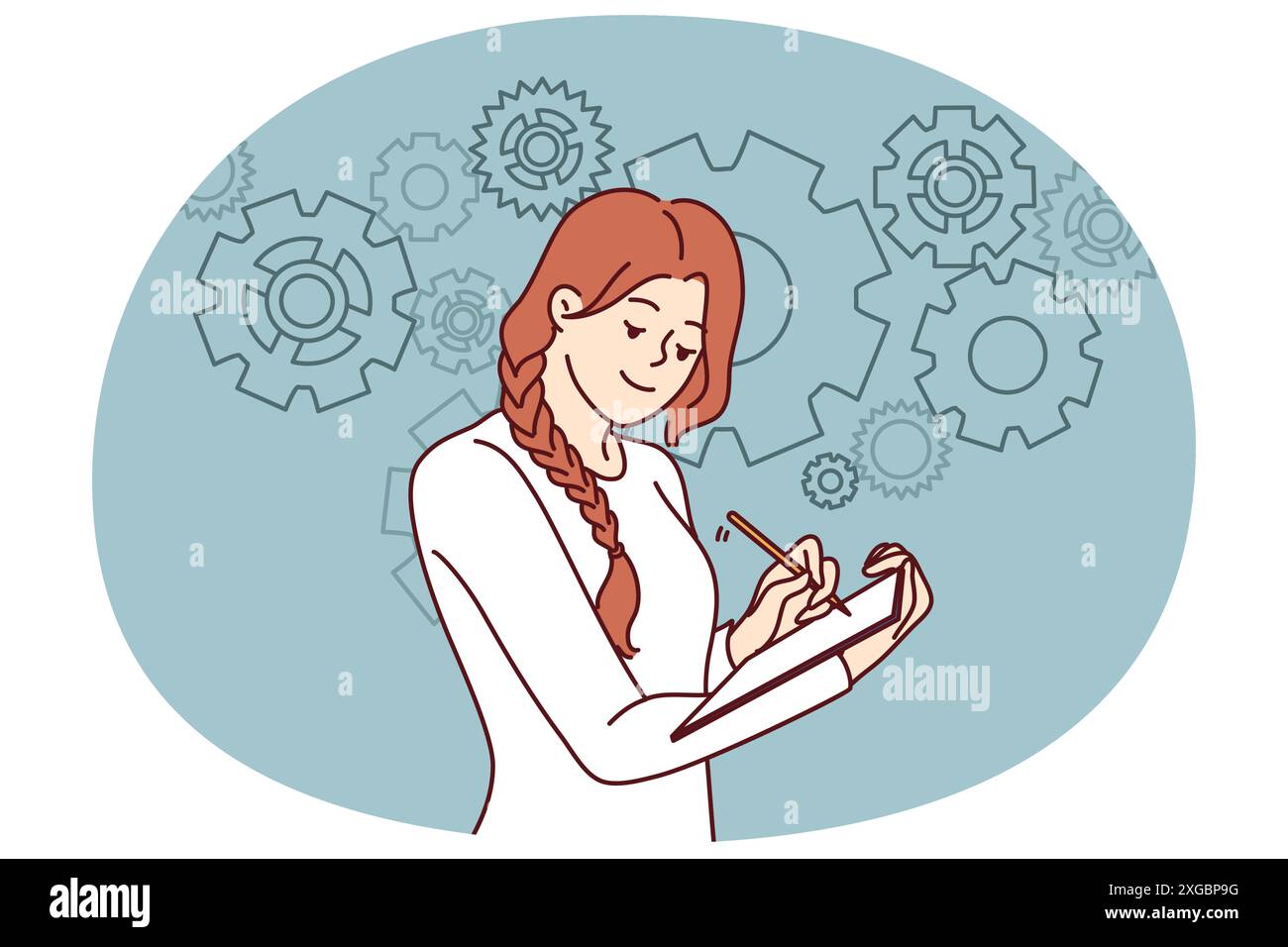 Positive woman is making checklist for improving business performance ...