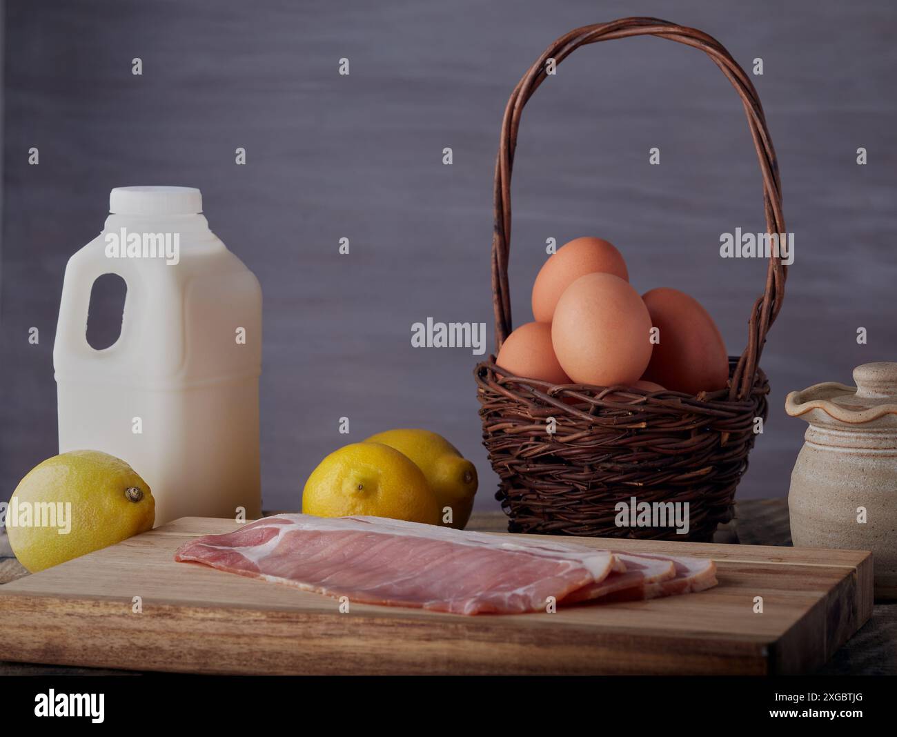 Various breakfast foods including eggs,bacon and fruit Stock Photo - Alamy