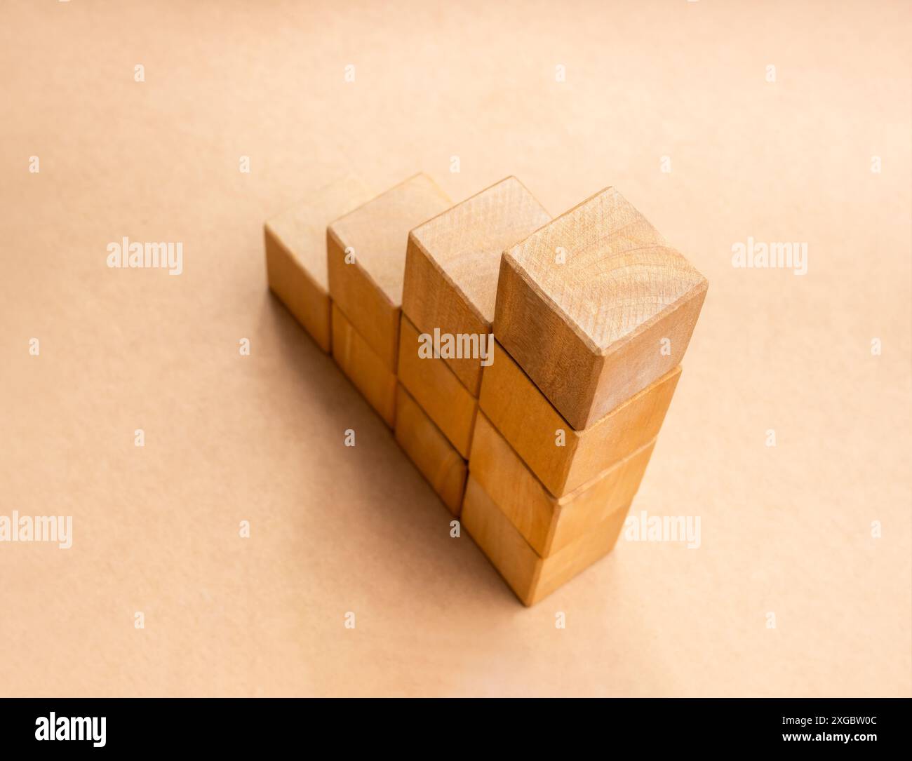 Top view, close-up of blank wooden cube blocks bar graph chart steps ...