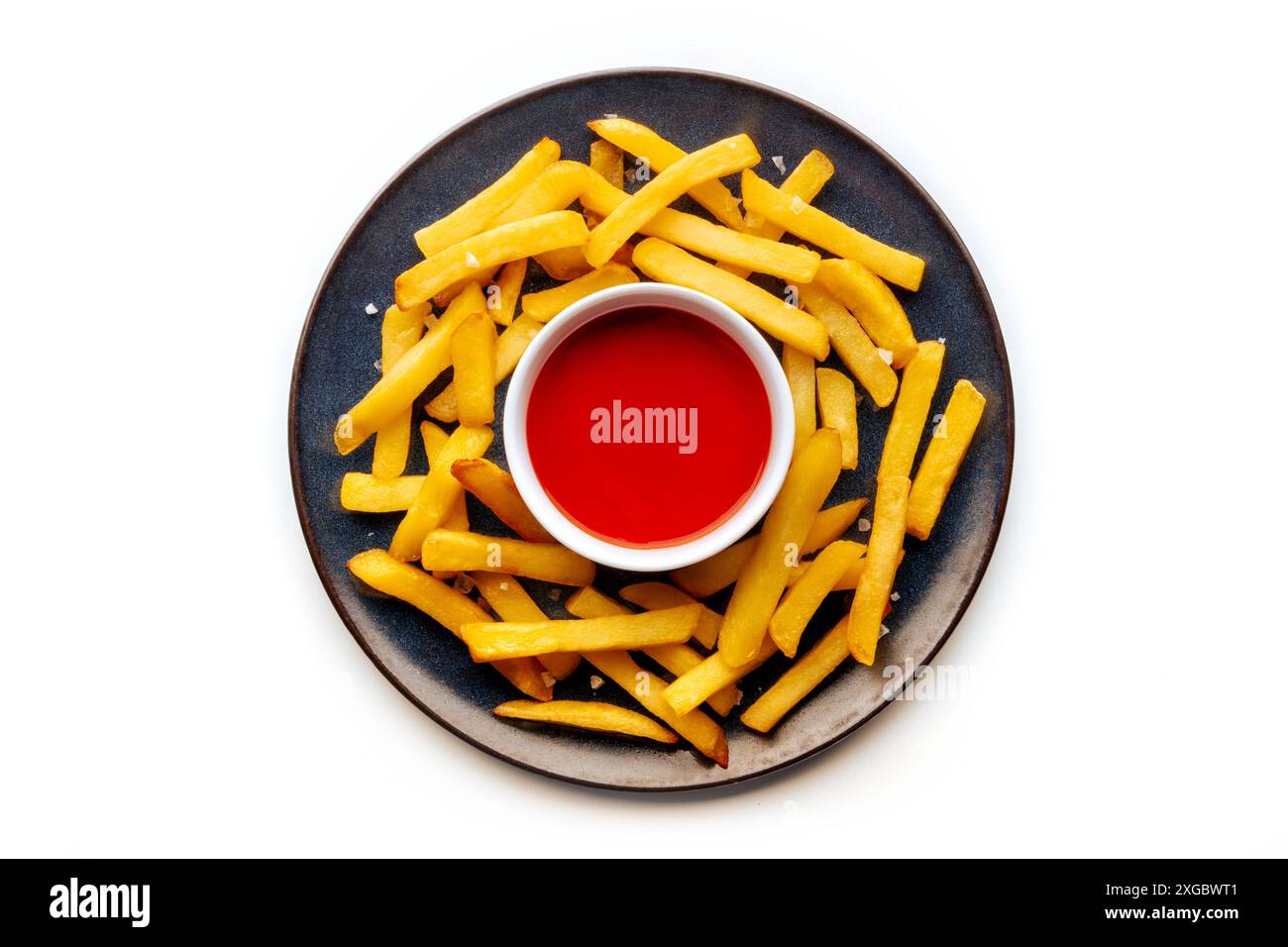 French fries with ketchup, overhead flat lay shot, a plate of potato ...