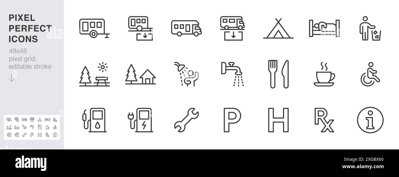 Camping line icon set. Trailer parking, caravan dump station, tent ...