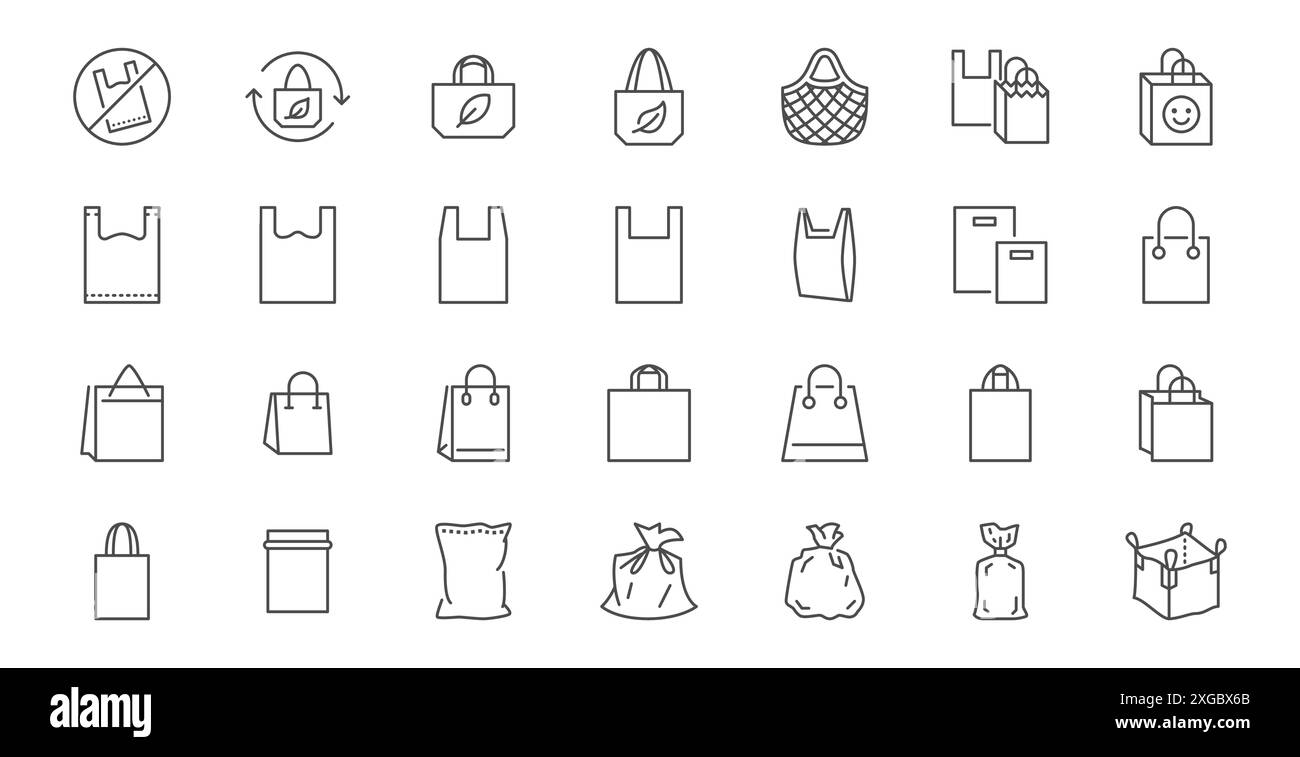 Plastic bag line icon set. Recyclable polyethylene, shopping pouch ...
