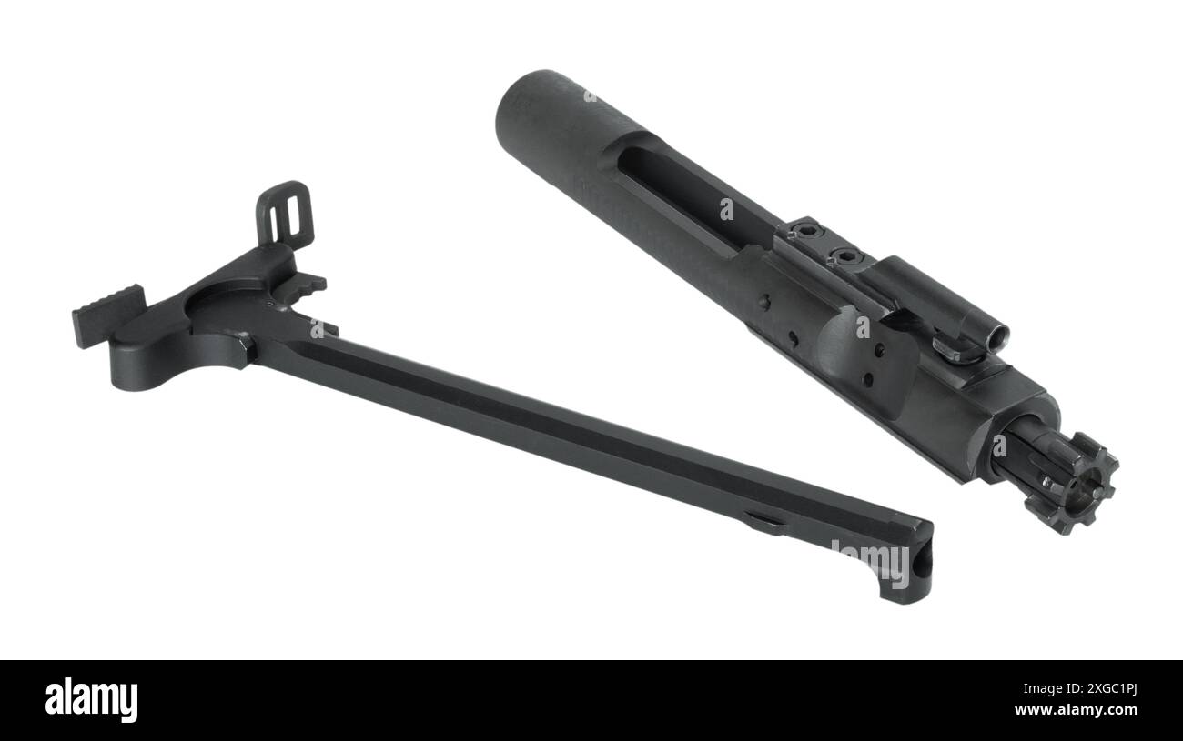 AR-15 charging handle and bolt carrier group isolated in a studio shot ...