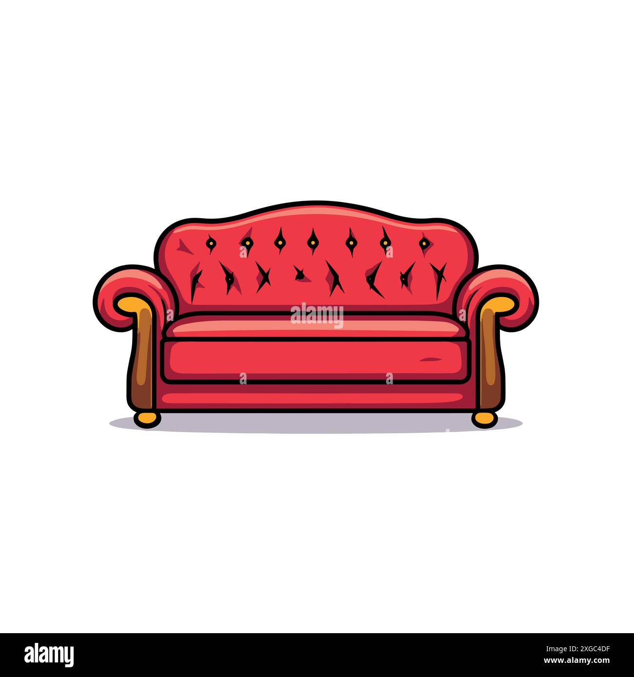 Red Couch Cartoon Illustration With Wooden Legs And Armrests Stock ...