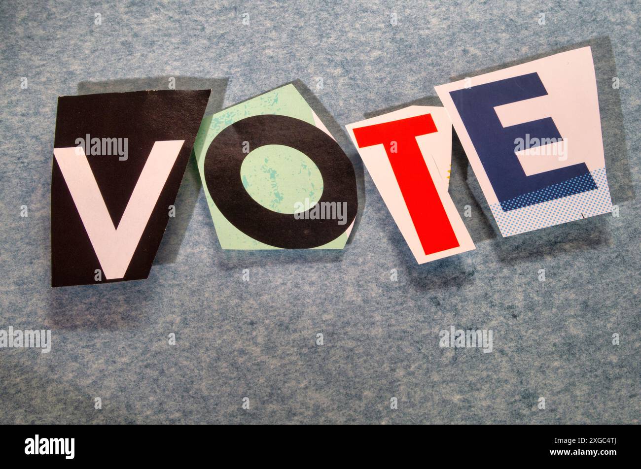 The Word "VOTE" using cut-out paper letters in the ransom note effect ...