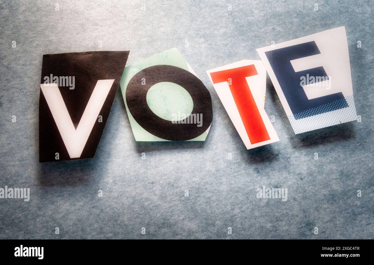 The Word "VOTE" using cut-out paper letters in the ransom note effect ...