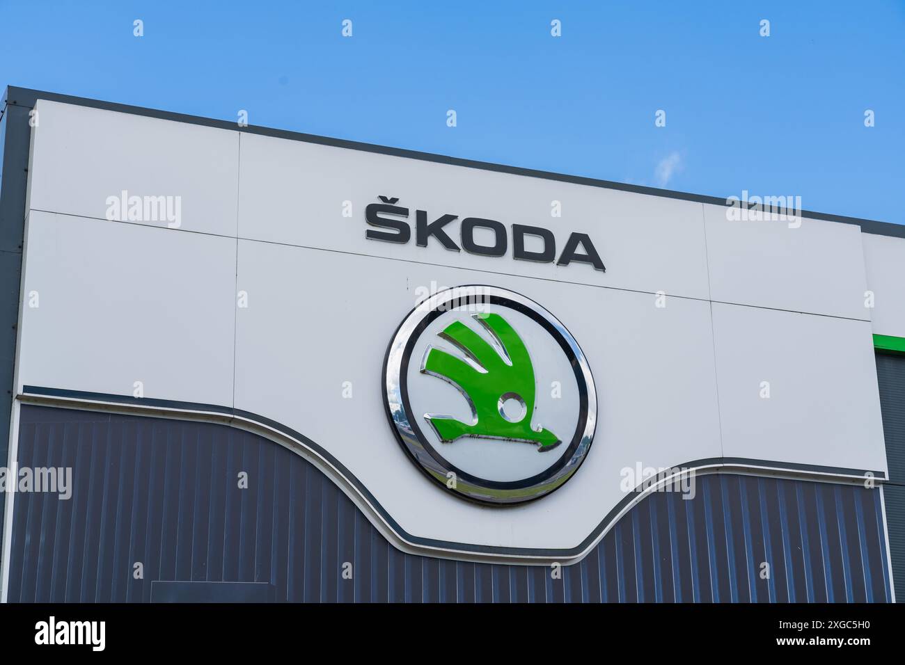 Telford, UK - July 8th 2024: Skoda motor company logo and name on a car ...
