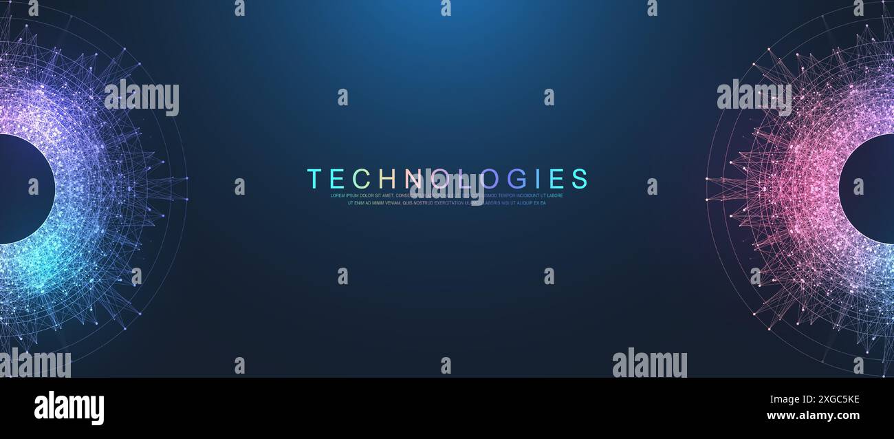 Scientific vector illustration quantum computer technology. Plexus fiction effect. Deep learning ...