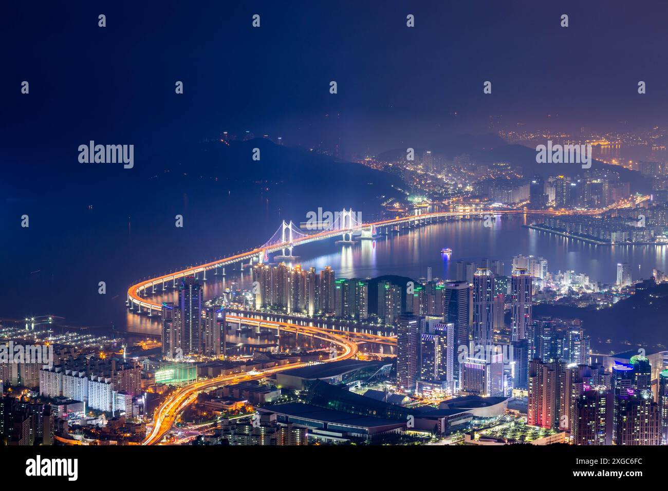 Busan city and skyscrapers in Haeundae district, Gwangan Bridge ...