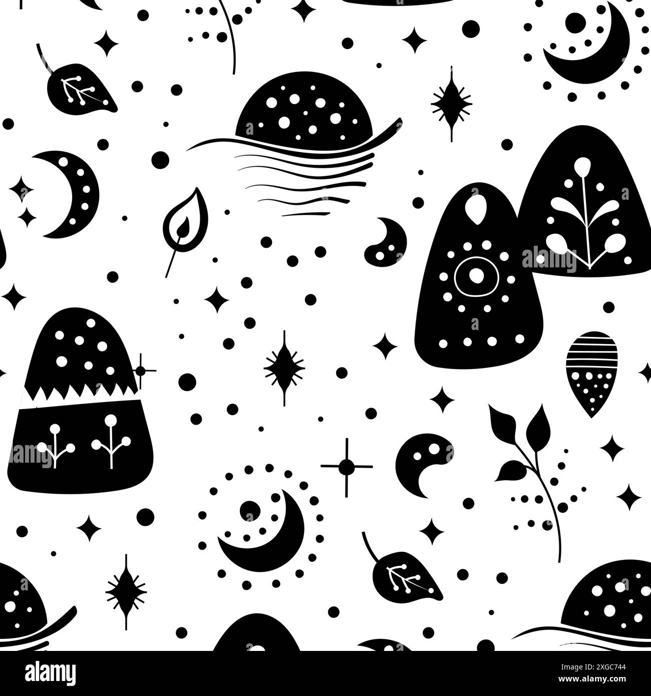 Seamless neo folk art vector pattern with mountains, moon and flowers ...