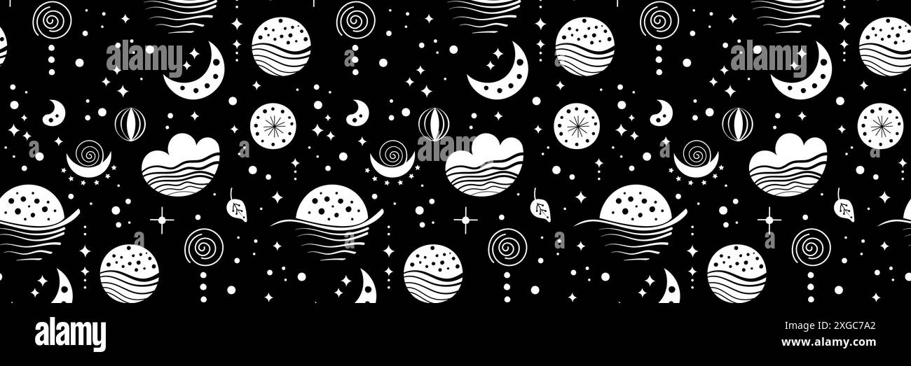 Seamless neo folk patterns with moon, cloud, sun and stars, black and ...