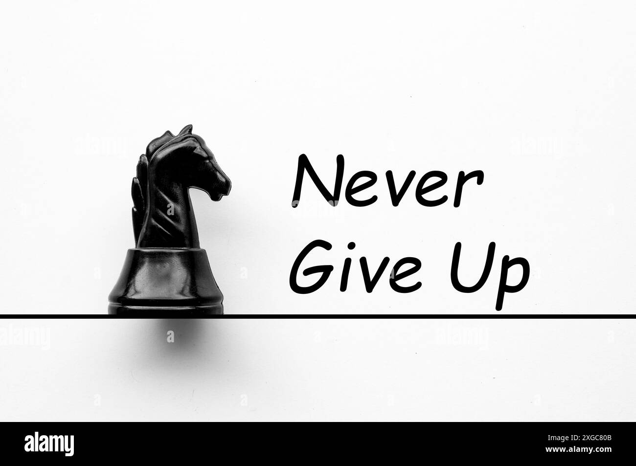 Never give up text with black knight chess on white cover background ...