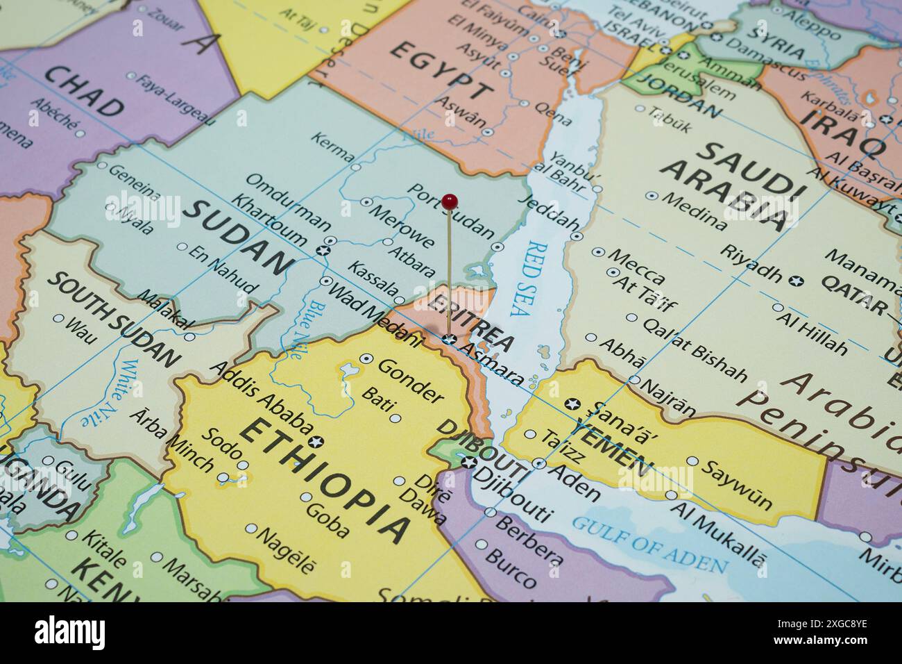 Close up to a Asmara city with a red pin needle into Eritrea country ...