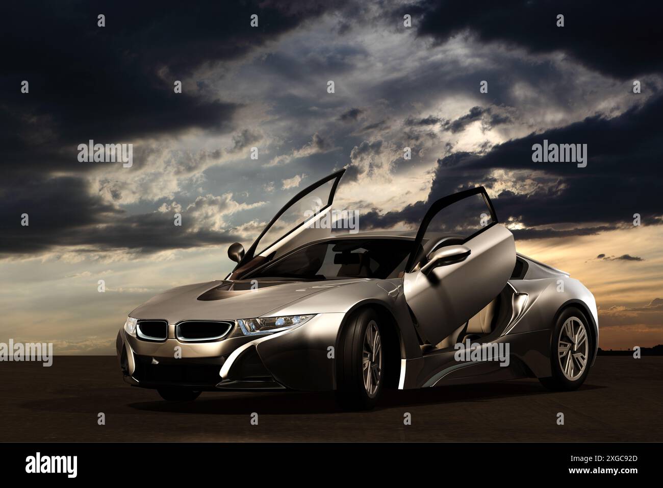 a gold metallic colored electric car stands with open gullwing doors ...