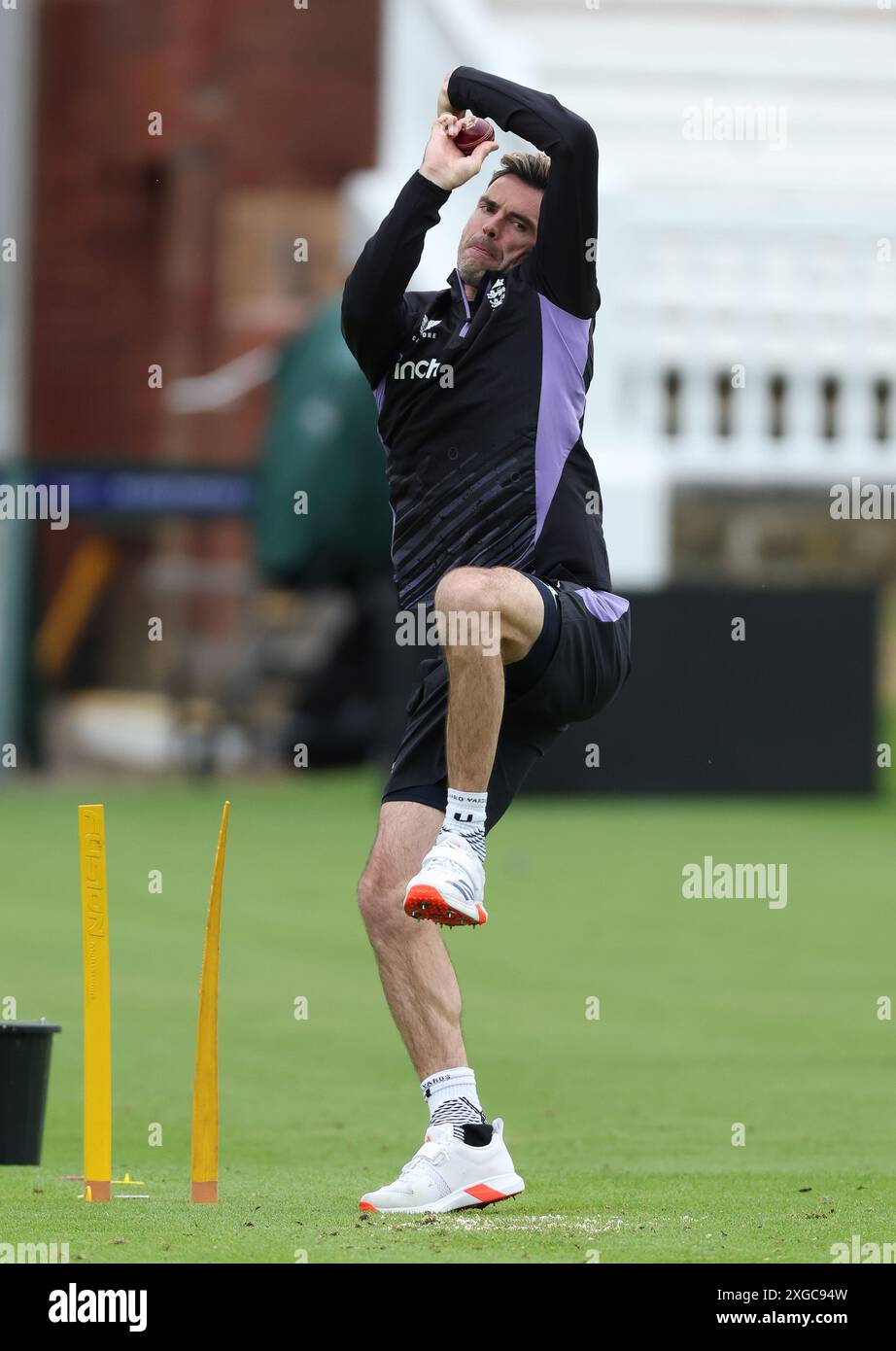 England's James Anderson bowling during a nets session at Lord's ...