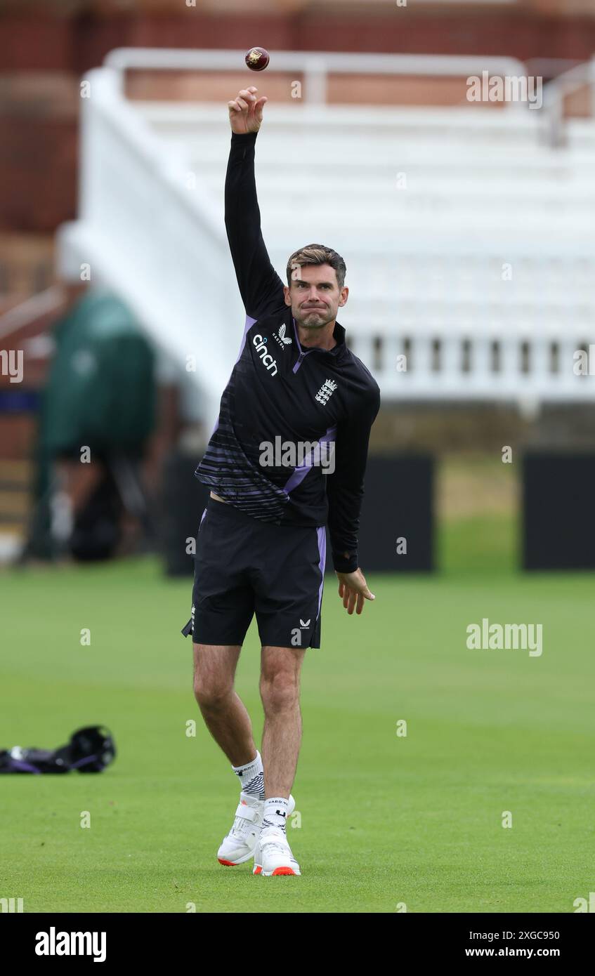 England's James Anderson bowling during a nets session at Lord's ...