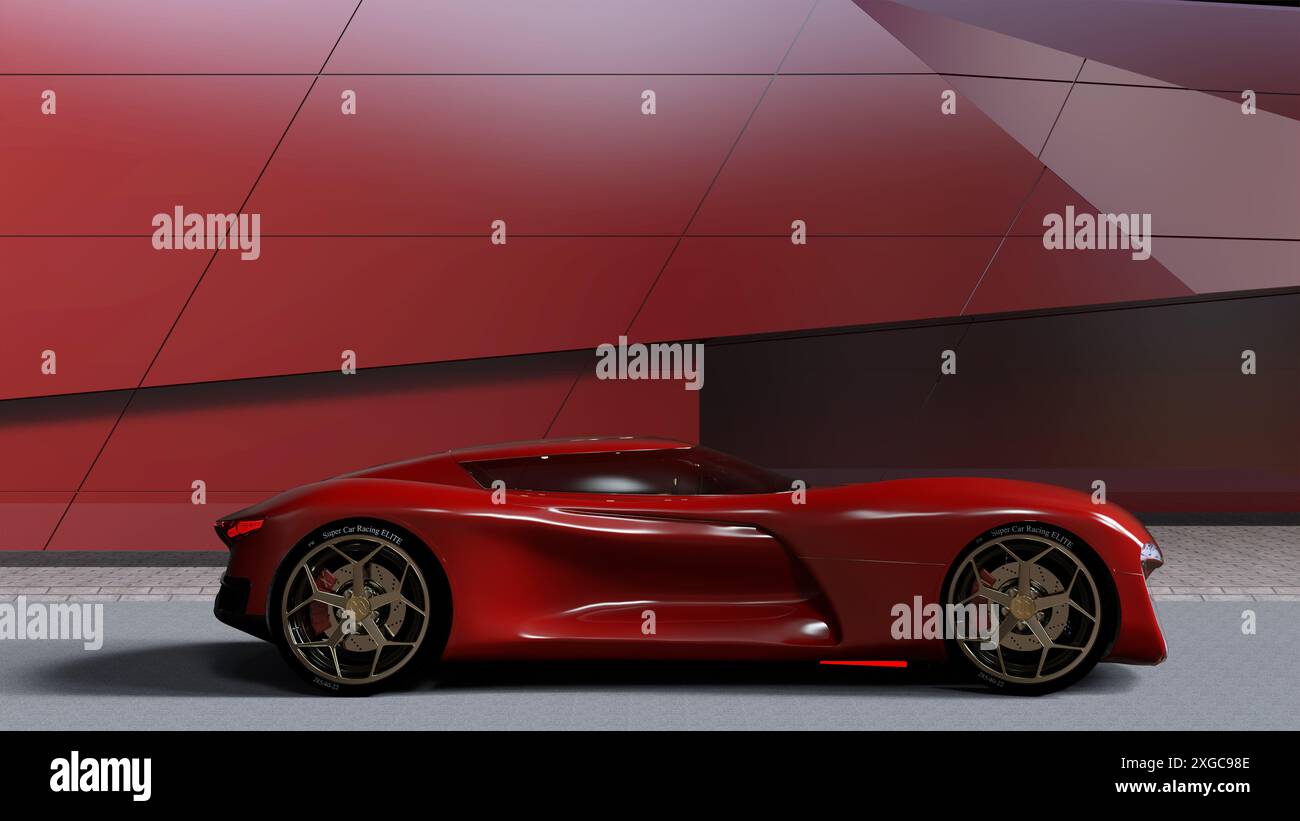 a red futuristic sports car in front of an angular futuristic-looking ...