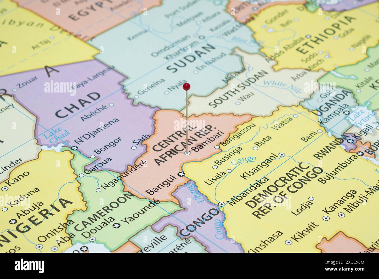 Close up to a Bambari city with a red pin needle into Central African ...