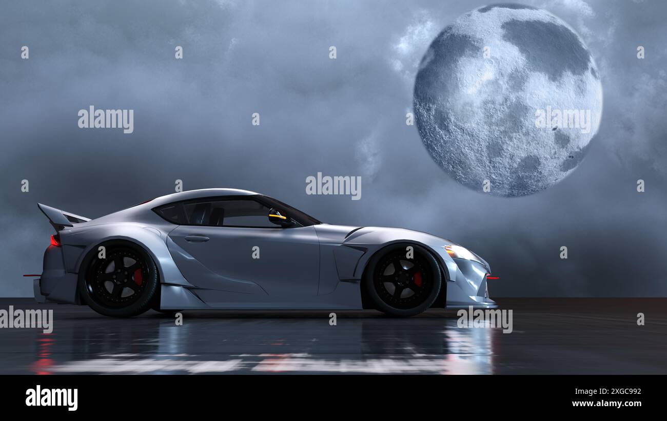 a silver sports car in the moonlight under a large full moon Stock ...