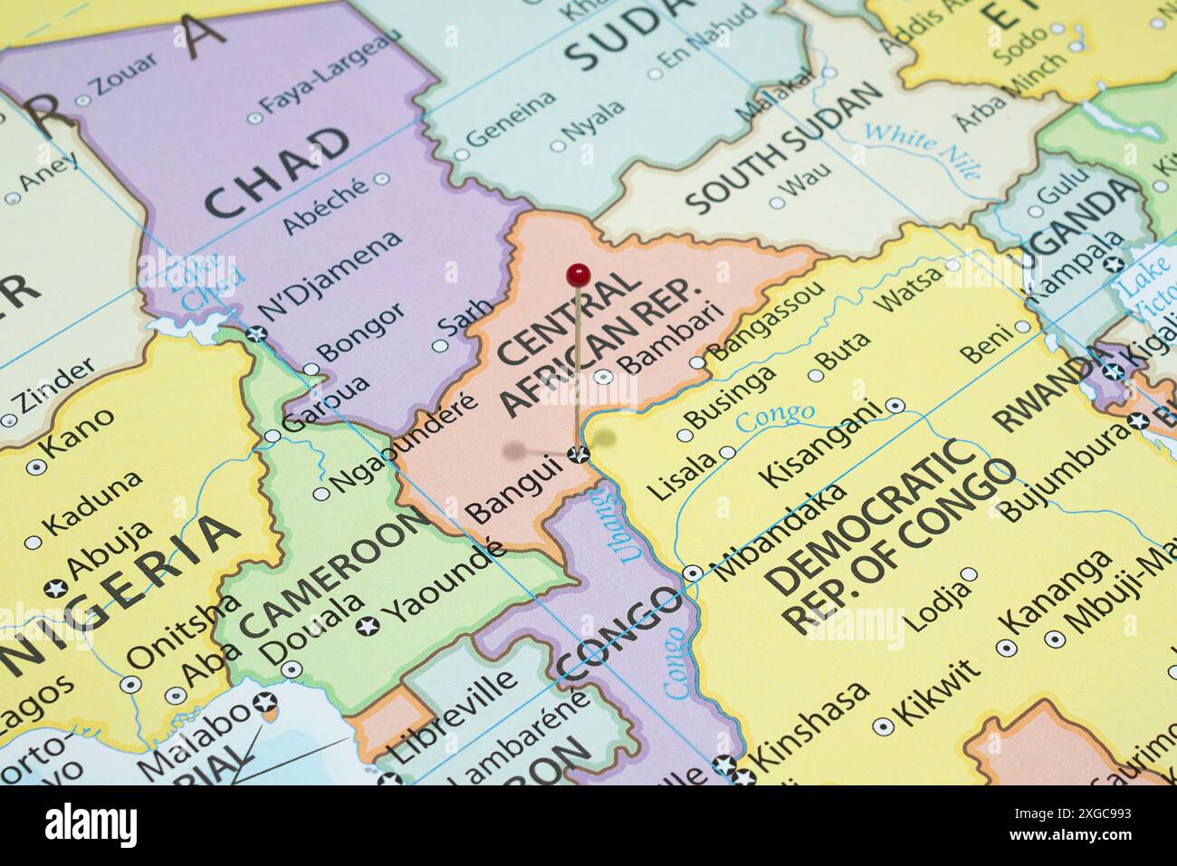Close up to a Bangui city with a red pin needle into Central African ...
