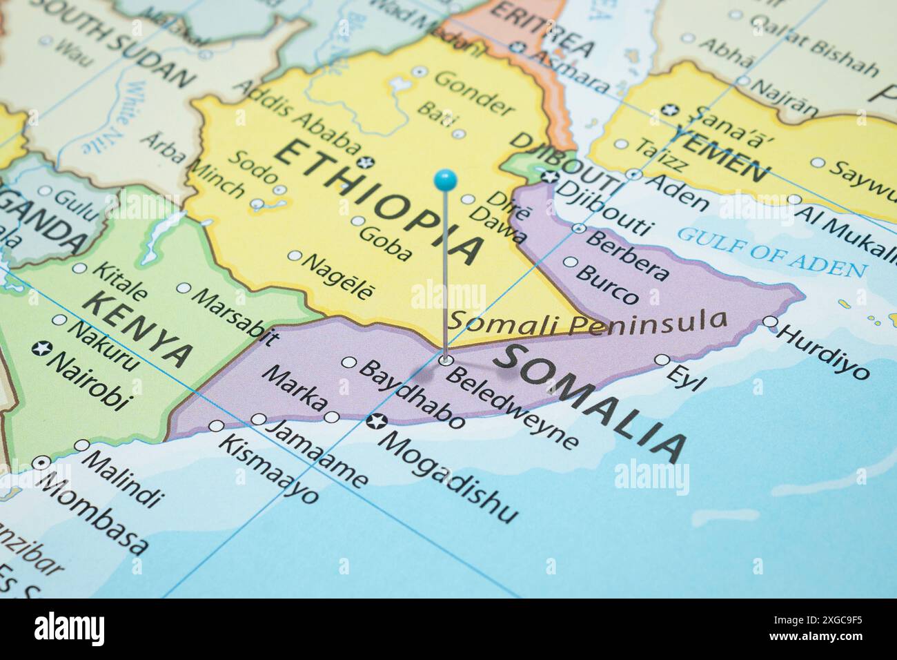 Close up to a Beledweyne city with a Light Blue pin needle into Somalia ...