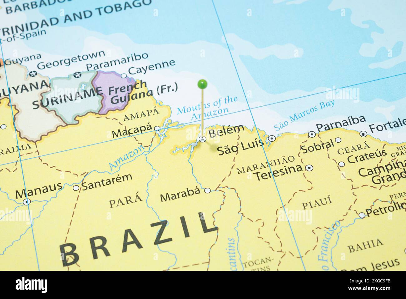 Close up to a Belem city with a green pin needle into Brazil country ...