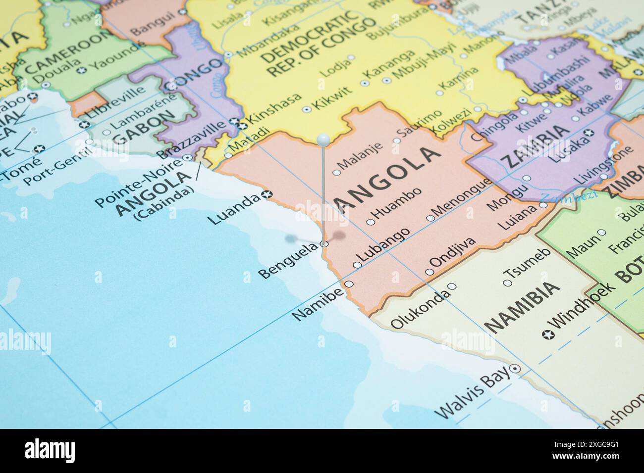 Close up to a Benguela city with a white pin needle into Angola country ...