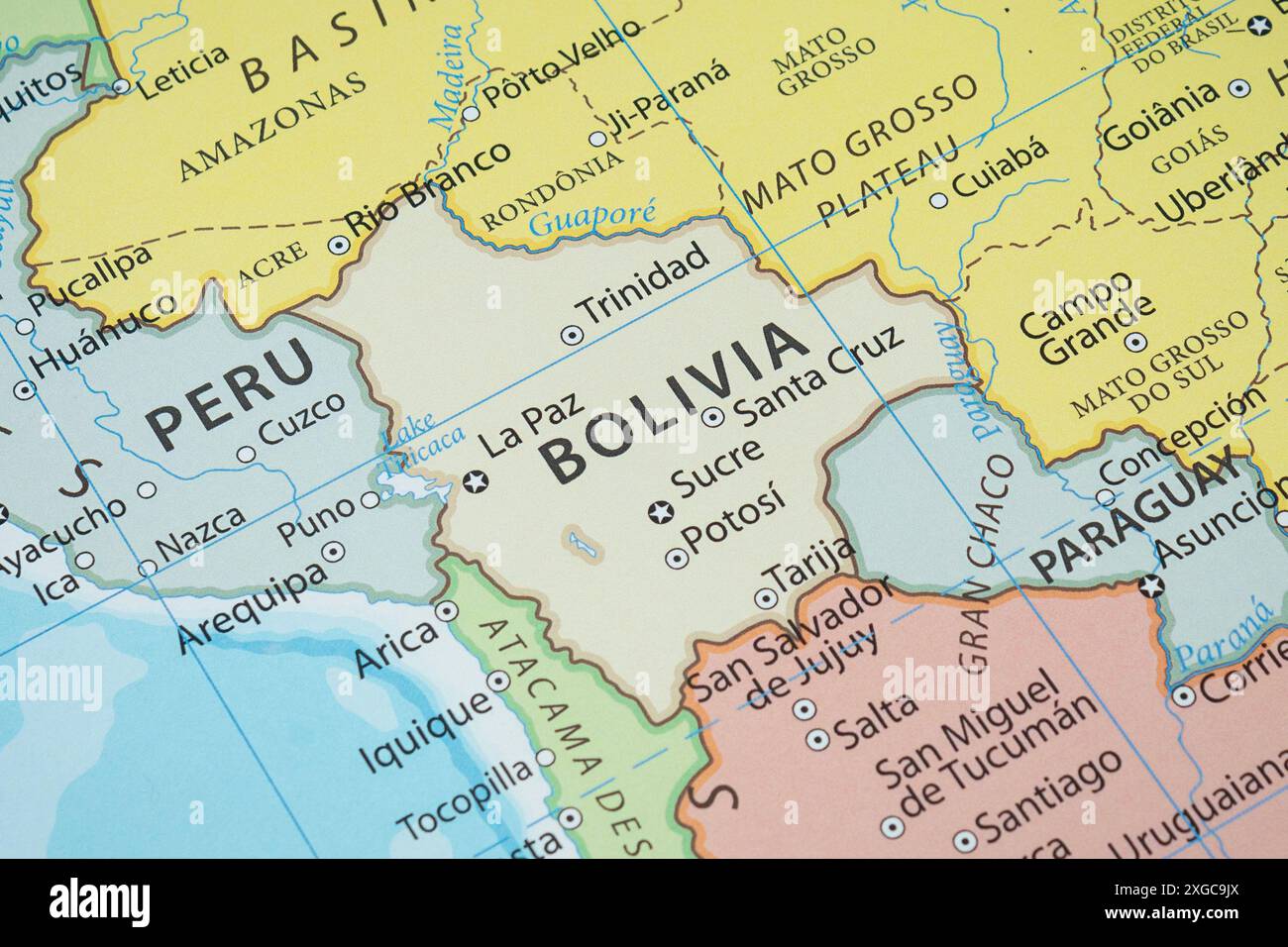 Close up to a Bolivia political map with country frontiers and most ...