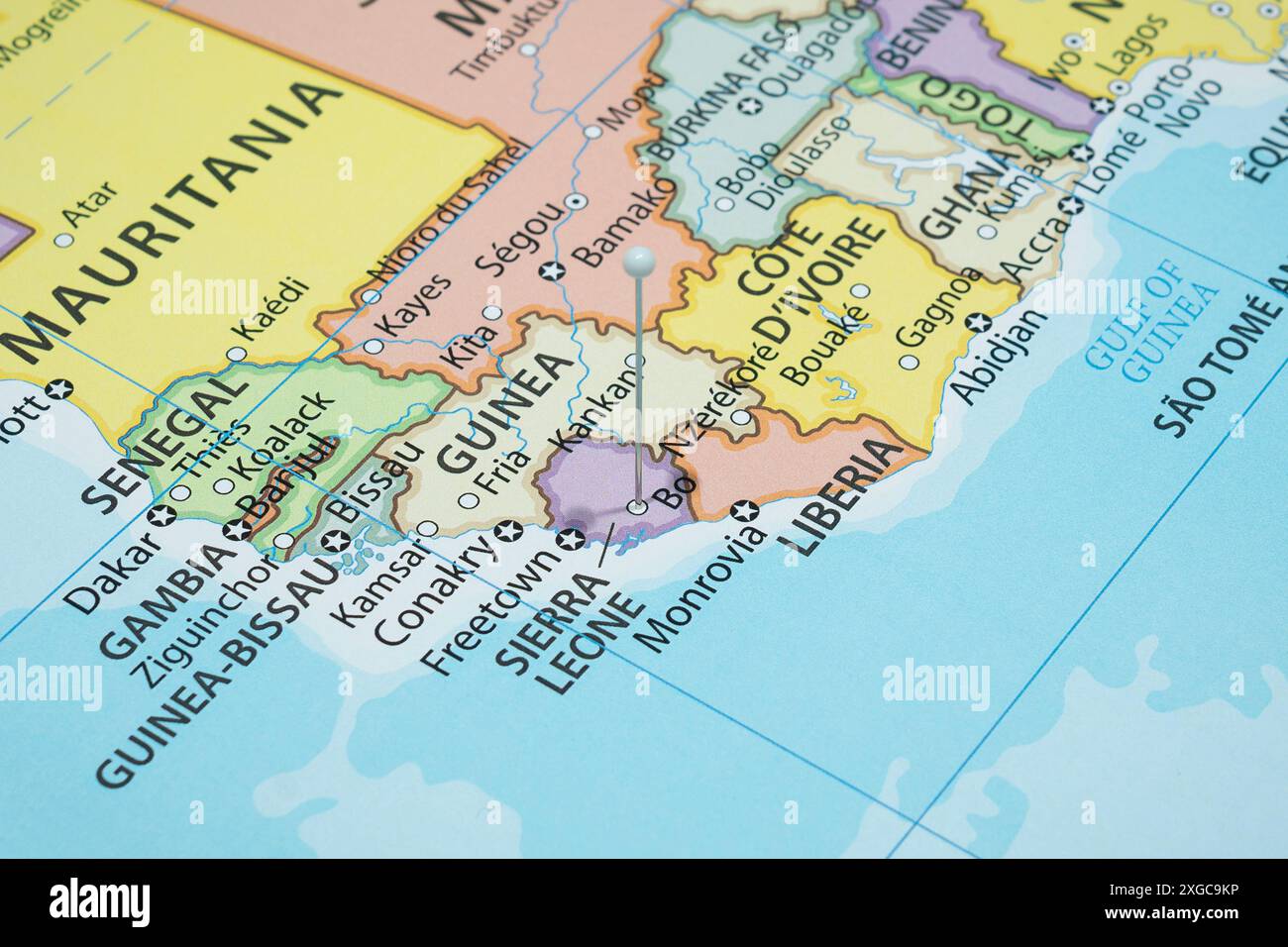 Close up to a Bo city with a white pin needle into Sierra Leone country ...
