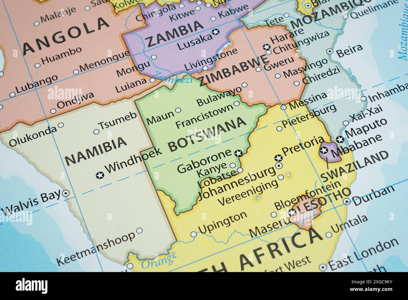 Close up to a Botswana political map with country frontiers and most ...