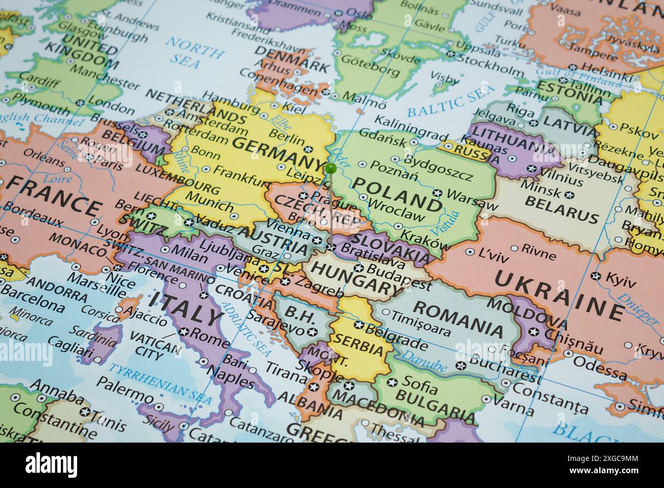 Close up to a Bratislava city with a green pin needle into Slovakia ...