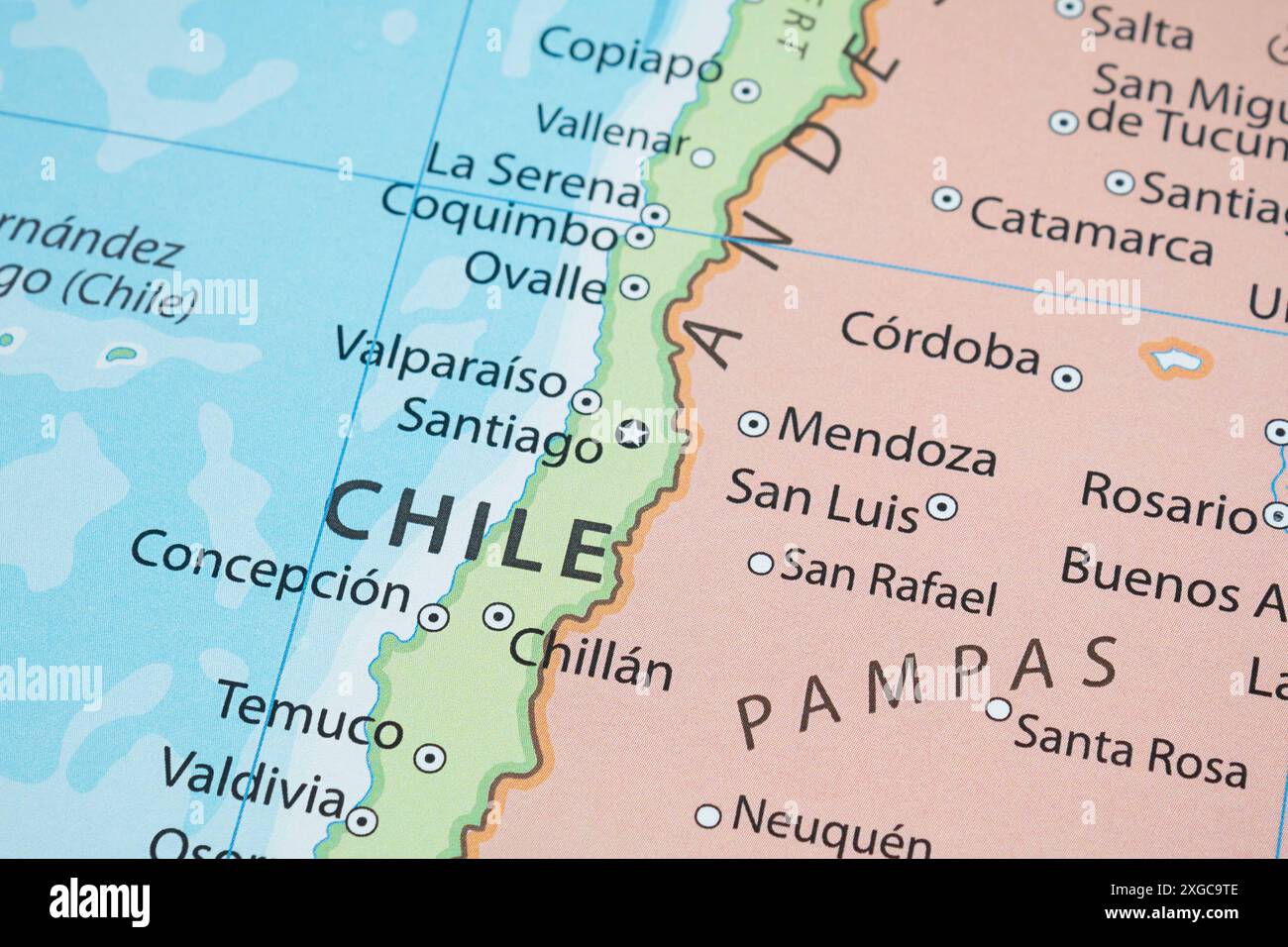 Macro photo of Chile political map with country frontiers and most ...
