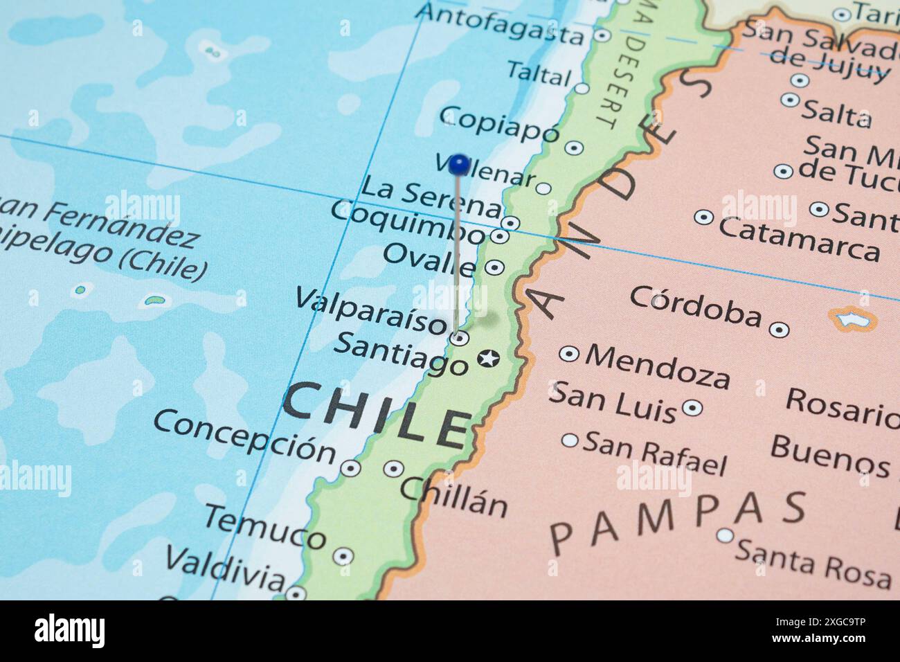 Close up to a Valparaiso city with a blue pin needle into Chile country ...