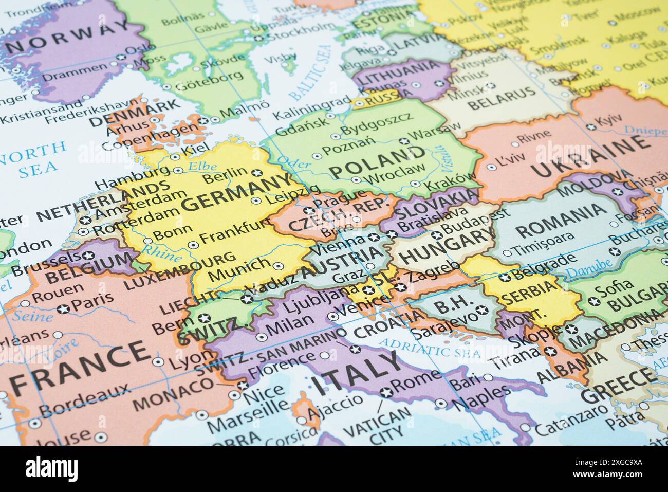 Close up to a Central Europe political map countries with frontiers and ...