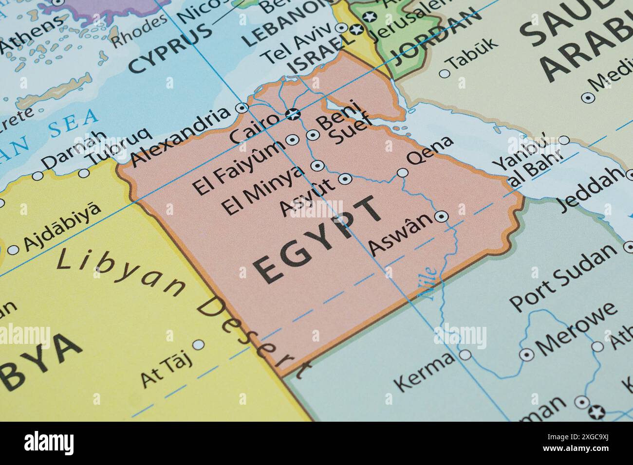 Macro photo of Egypt political map with country frontiers and most ...
