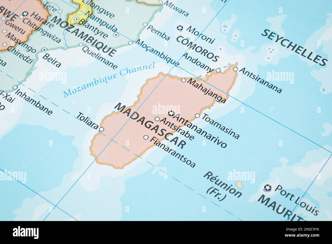 Close up to a Madagascar political map with country frontiers and most ...
