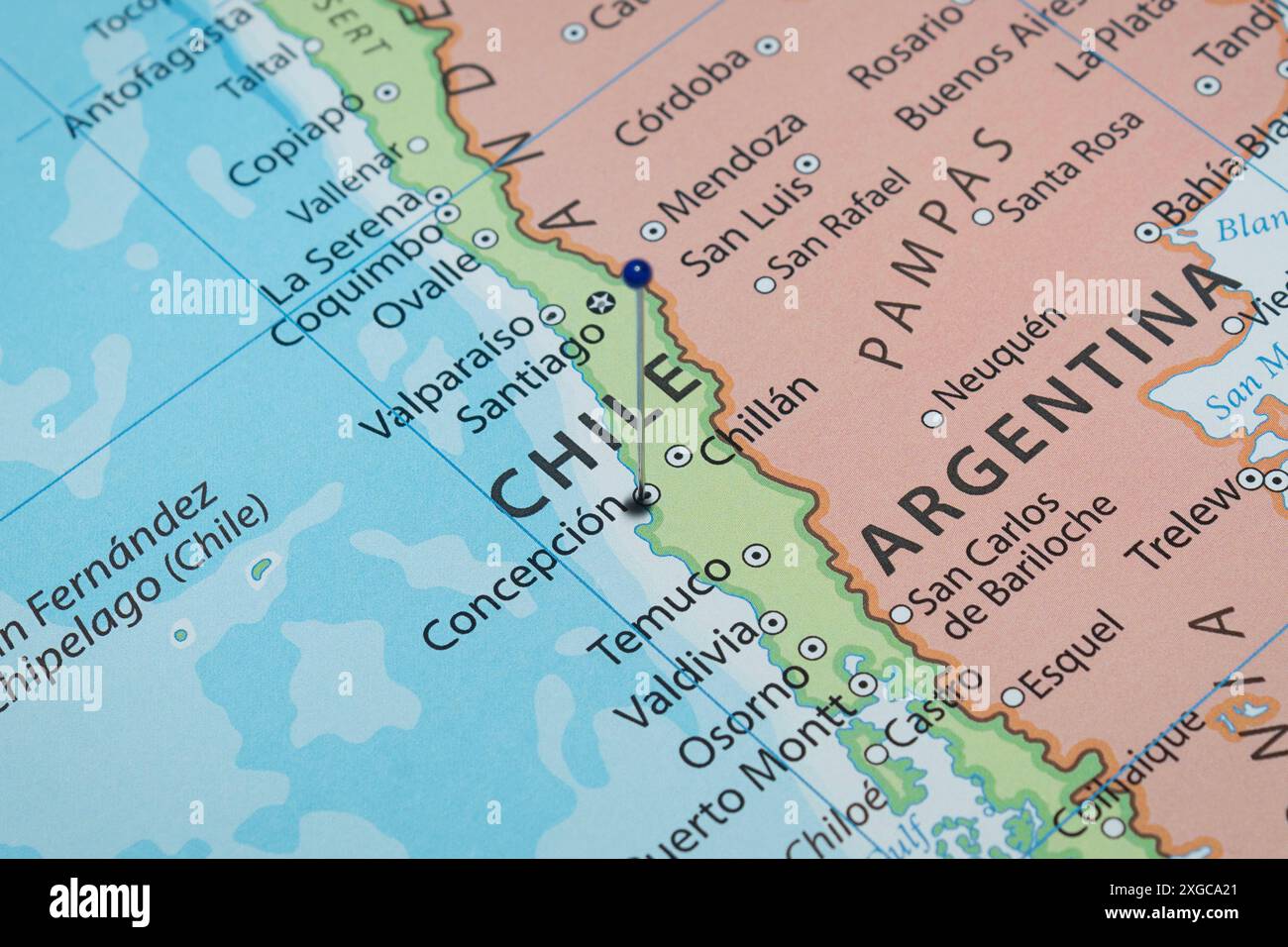 Close up to a Concepcion city with a blue pin needle into Chile country ...