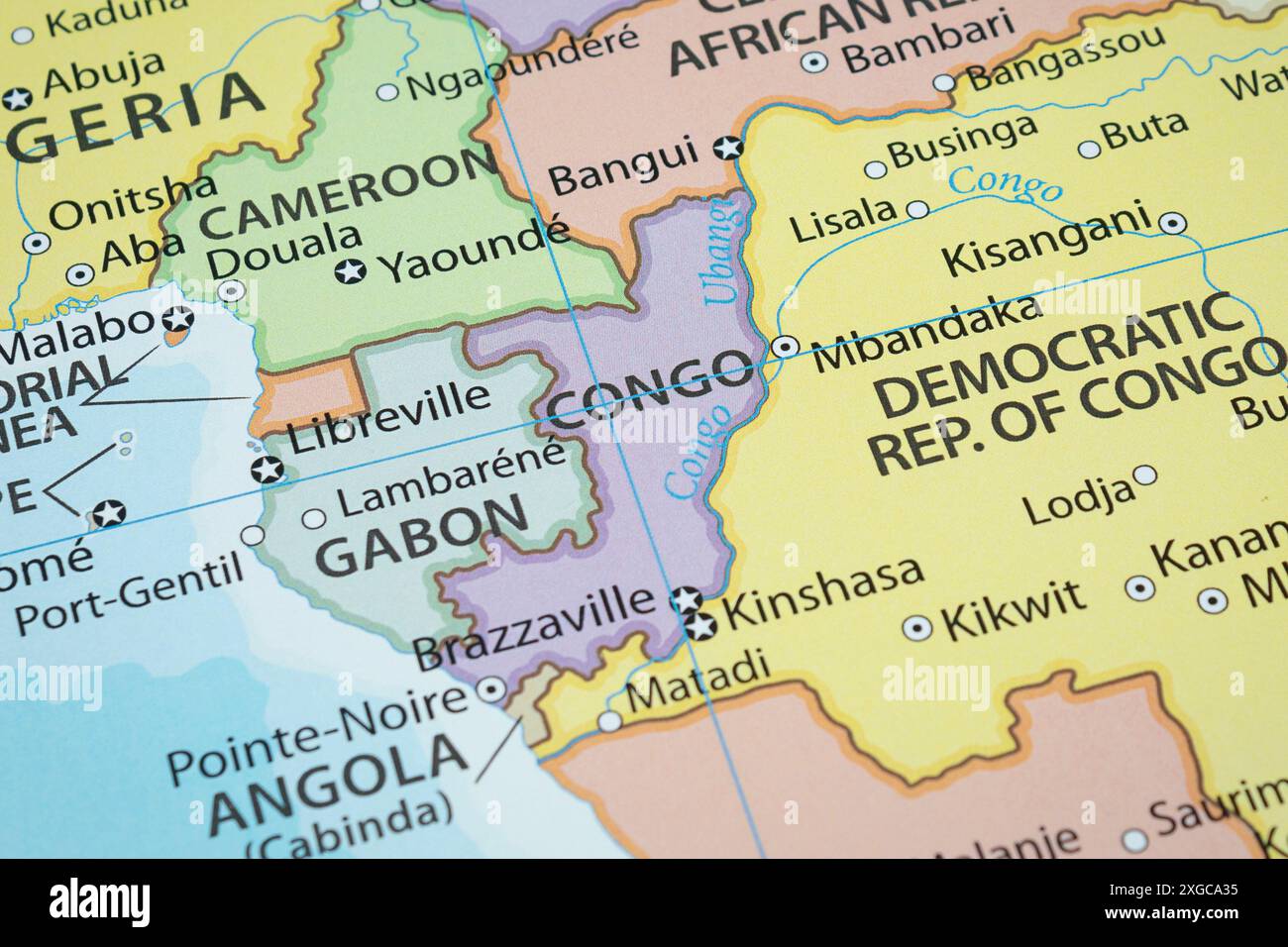 Close up to a Congo political map with country frontiers and most ...