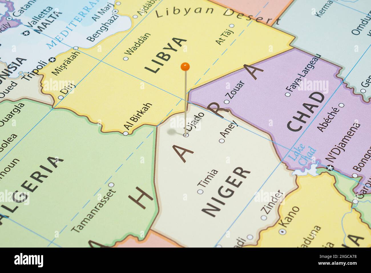 Close up to a Djado city with an orange pin needle into Niger country ...