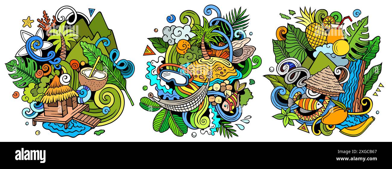 Bora-Bora cartoon vector doodle designs set. Colorful detailed ...