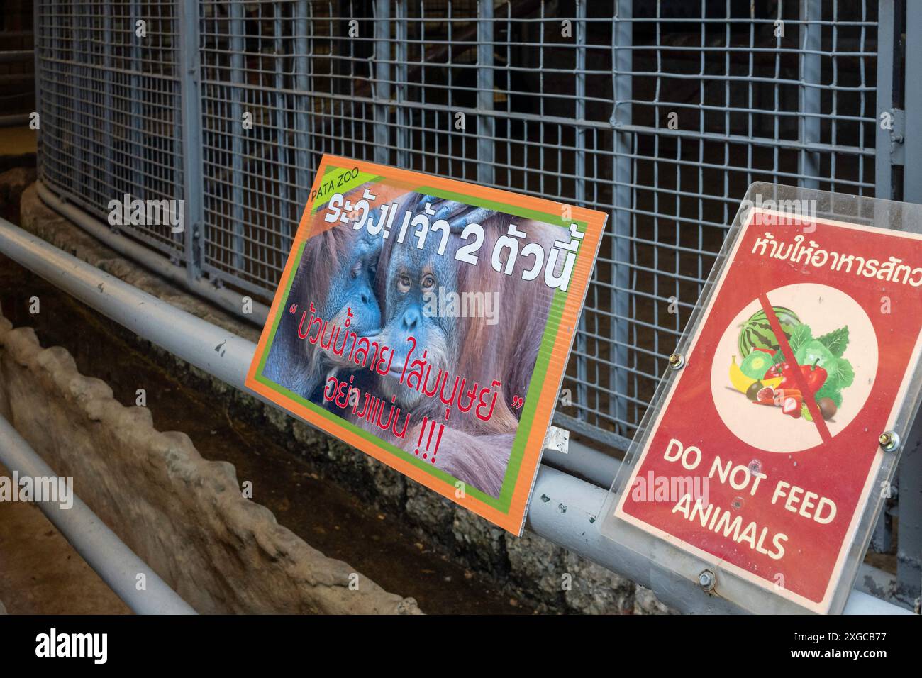 A display of signs " Be careful those monkeys like to spit on you" and ...