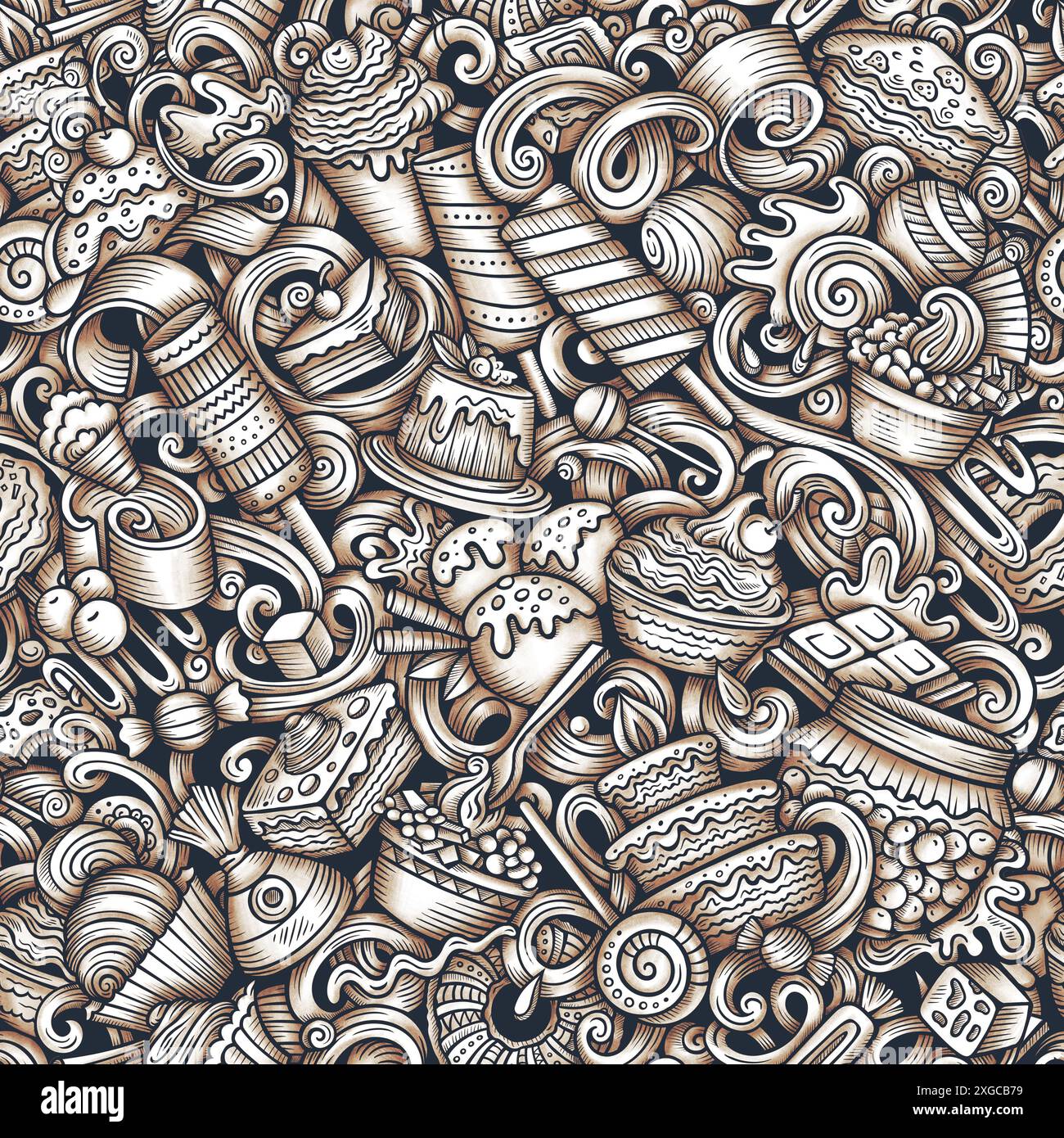 Graphics doodle Desserts seamless pattern. Backdrop with sweet food ...