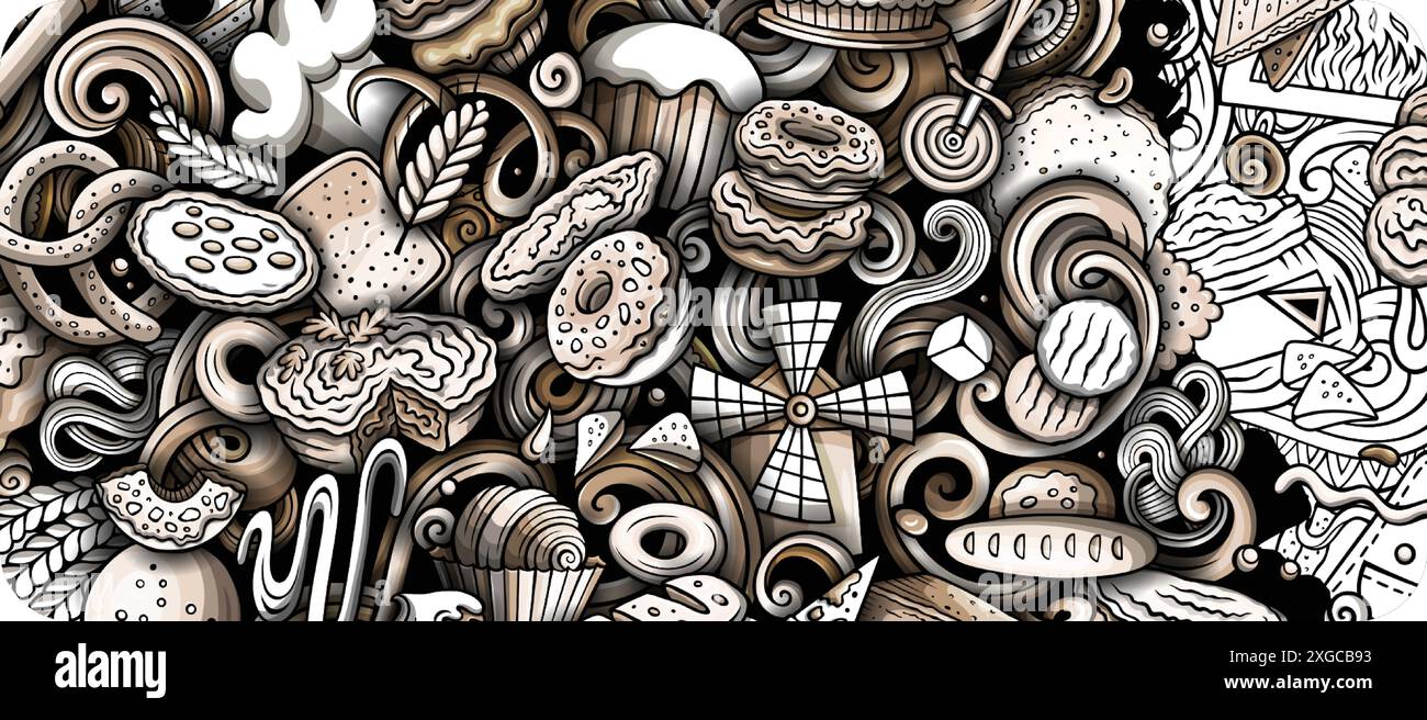 Cartoon vector doodle Bakery banner background. Funny Bakehouse ...