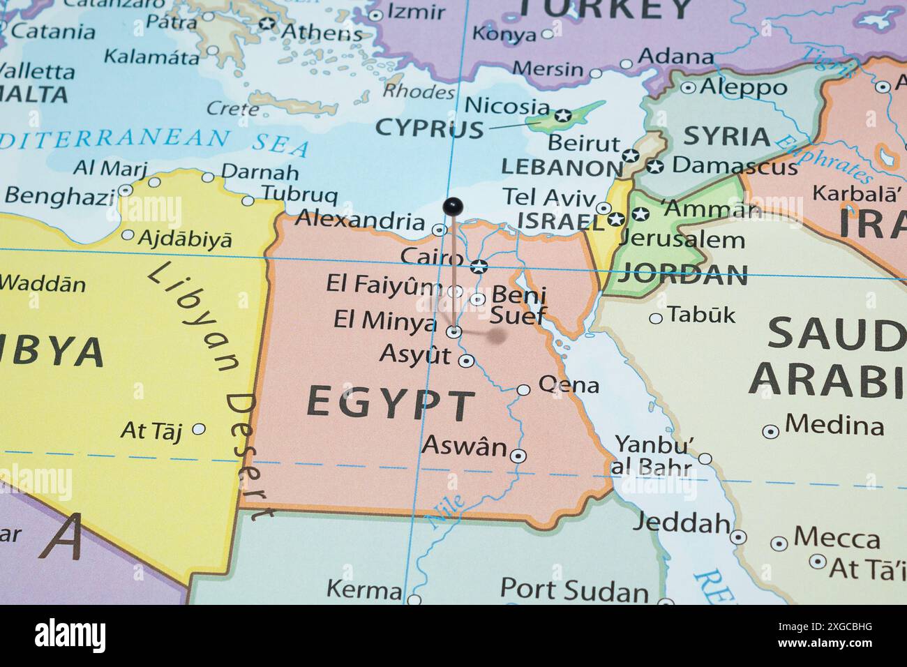 Close up to a El Minya city with a black pin needle into Egypt country ...