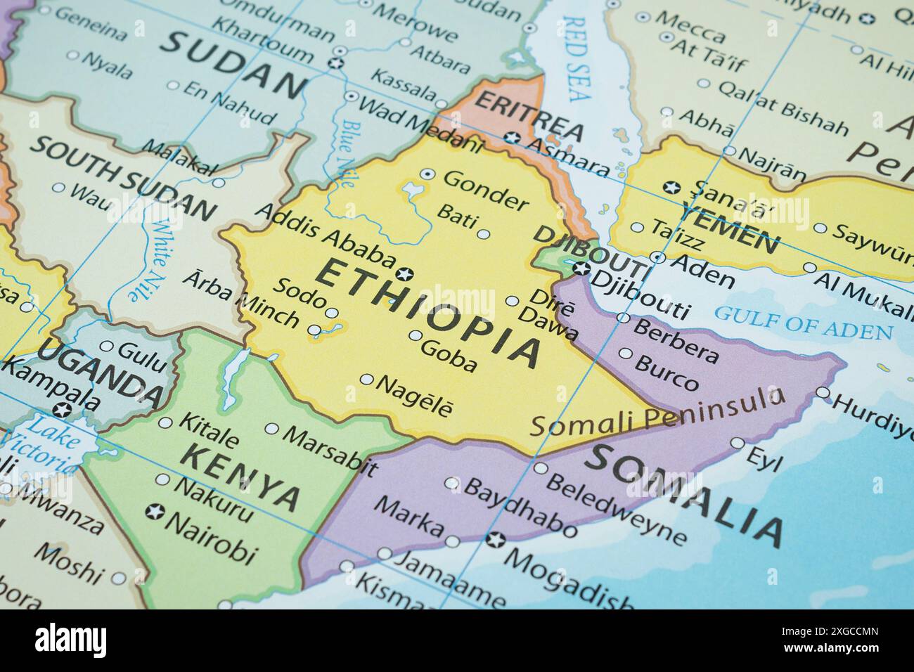 Close up to a Ethiopia political map with country frontiers and most ...
