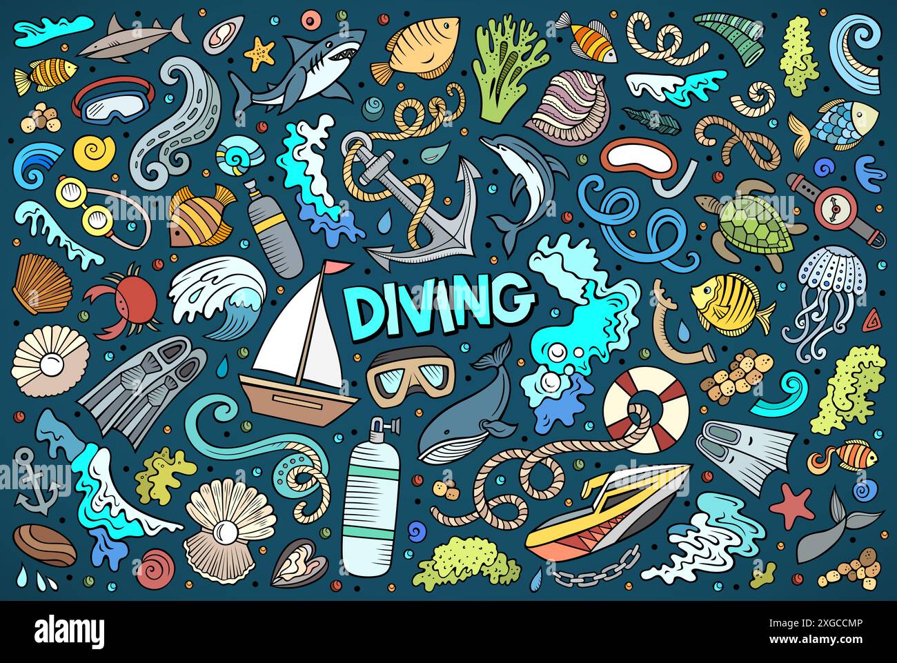 Colorful vector hand drawn doodle cartoon set of Diving theme items ...