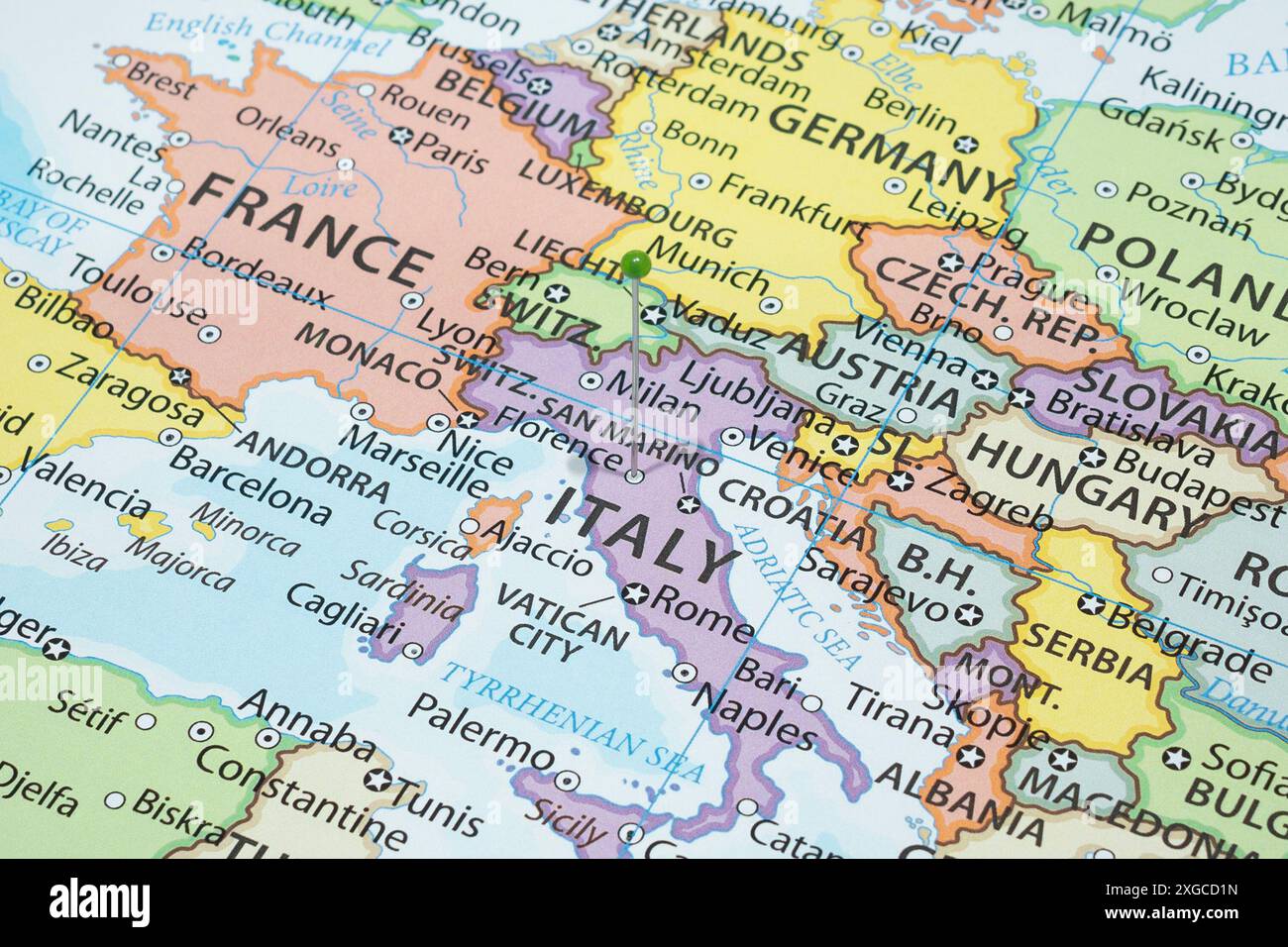 Close up to a Florence city with a green pin needle into Italy country ...