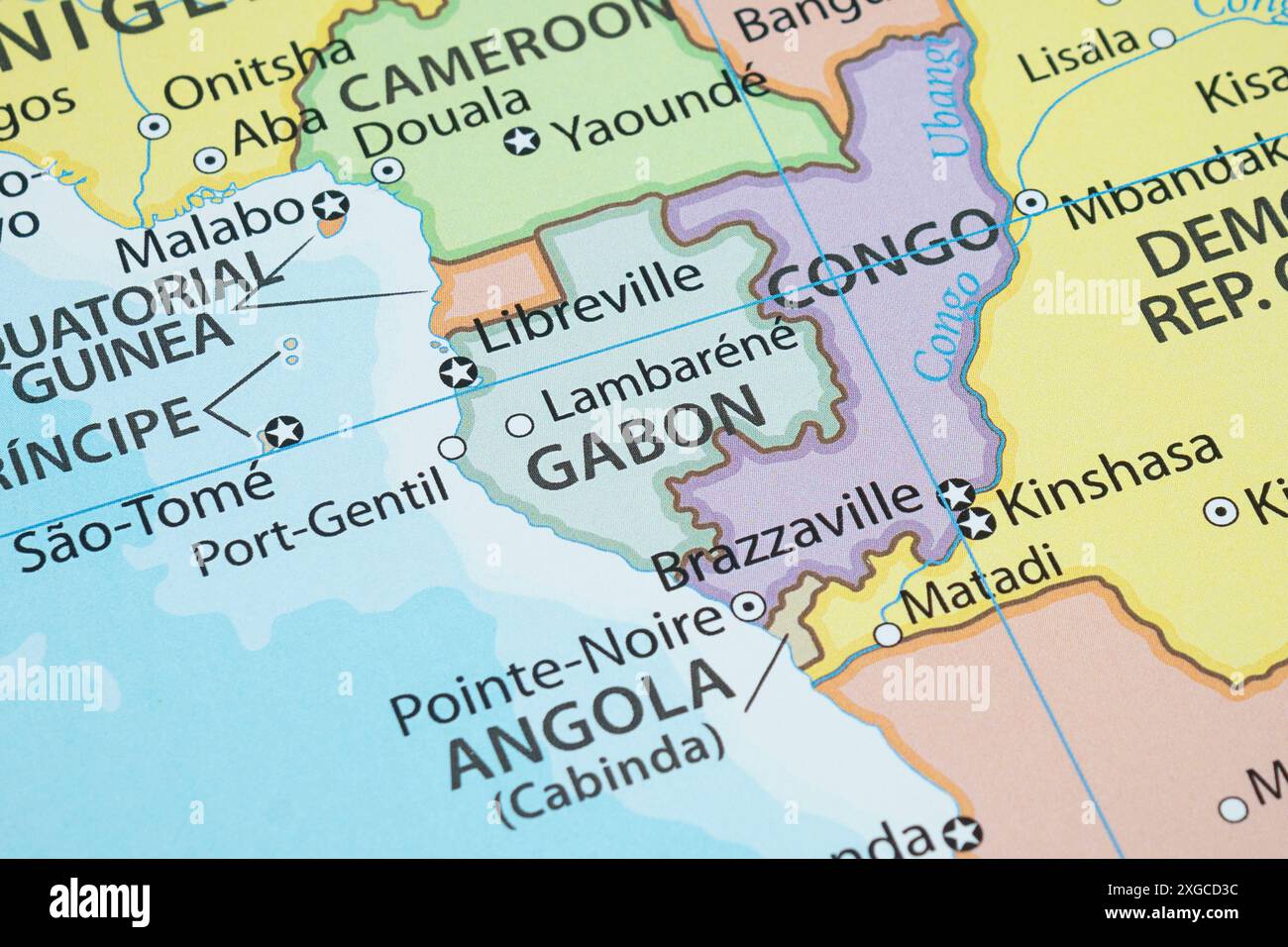 Close up to a Gabon political map with country frontiers and most ...